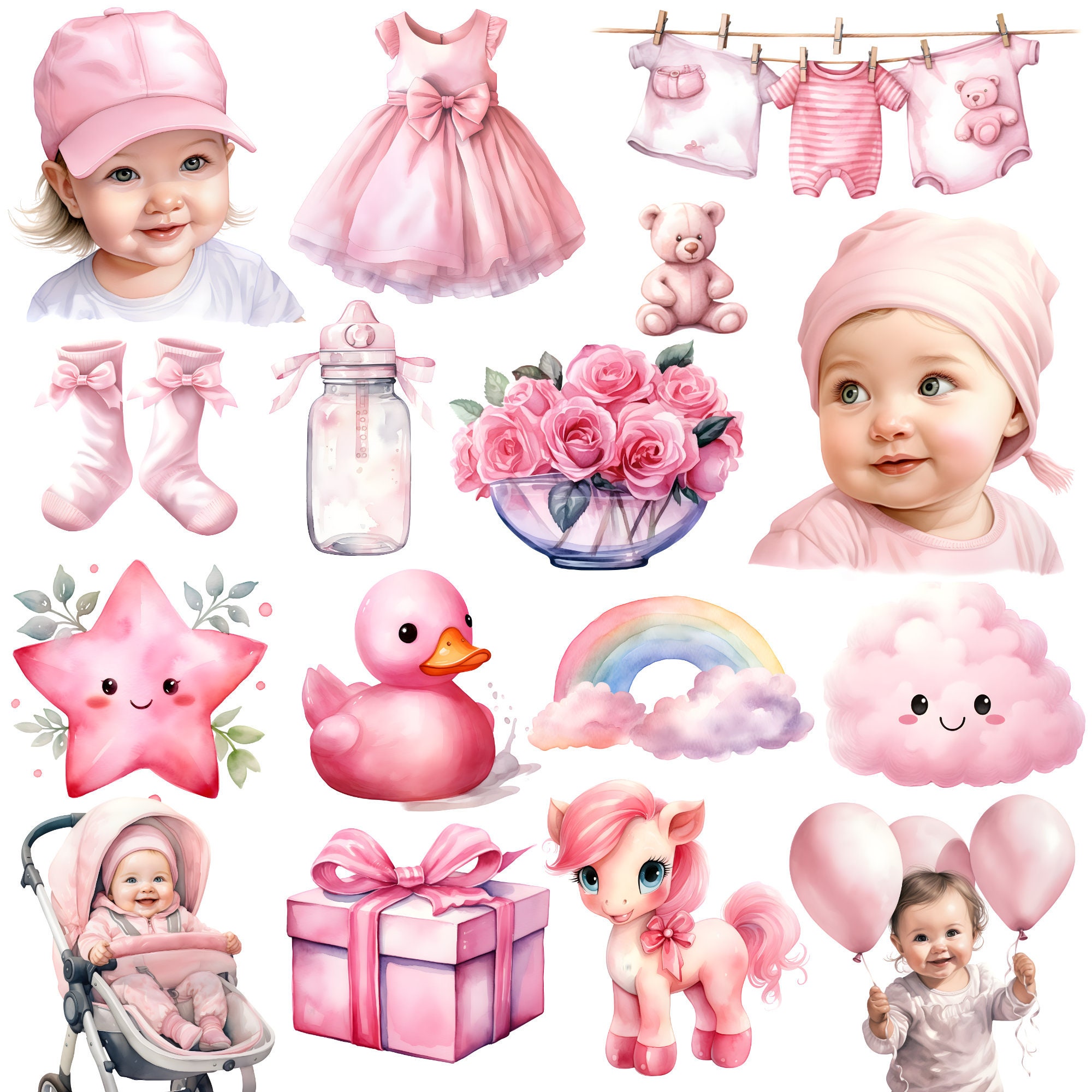 Pink Baby Shower Clipart for Girls, Watercolor Nursery Art Cute Girl ...