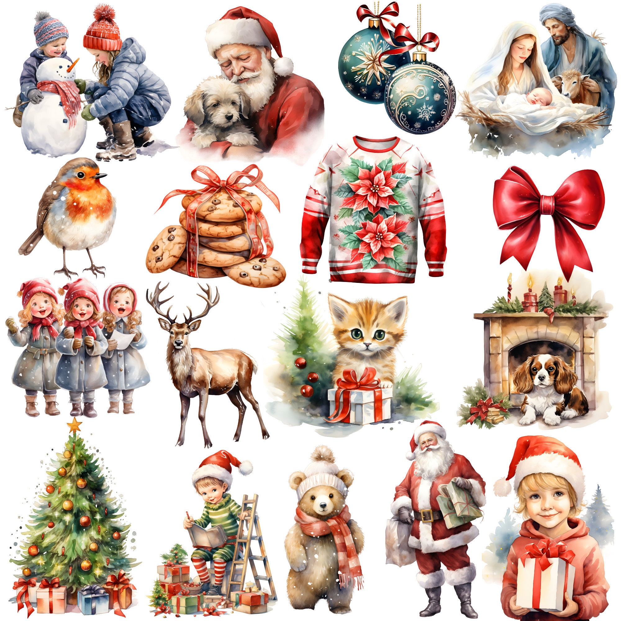 140 Images Christmas Watercolor Clipart Mega Pack, Cute Christmas Décor ...