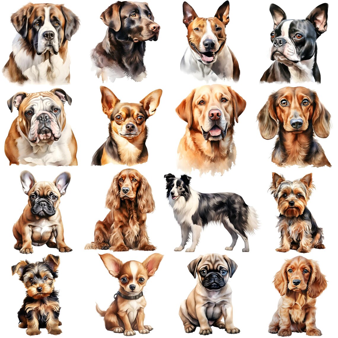 Bumper Discount Bundle, 245 Watercolor Dogs Clipart, Puppies Png, Dog ...