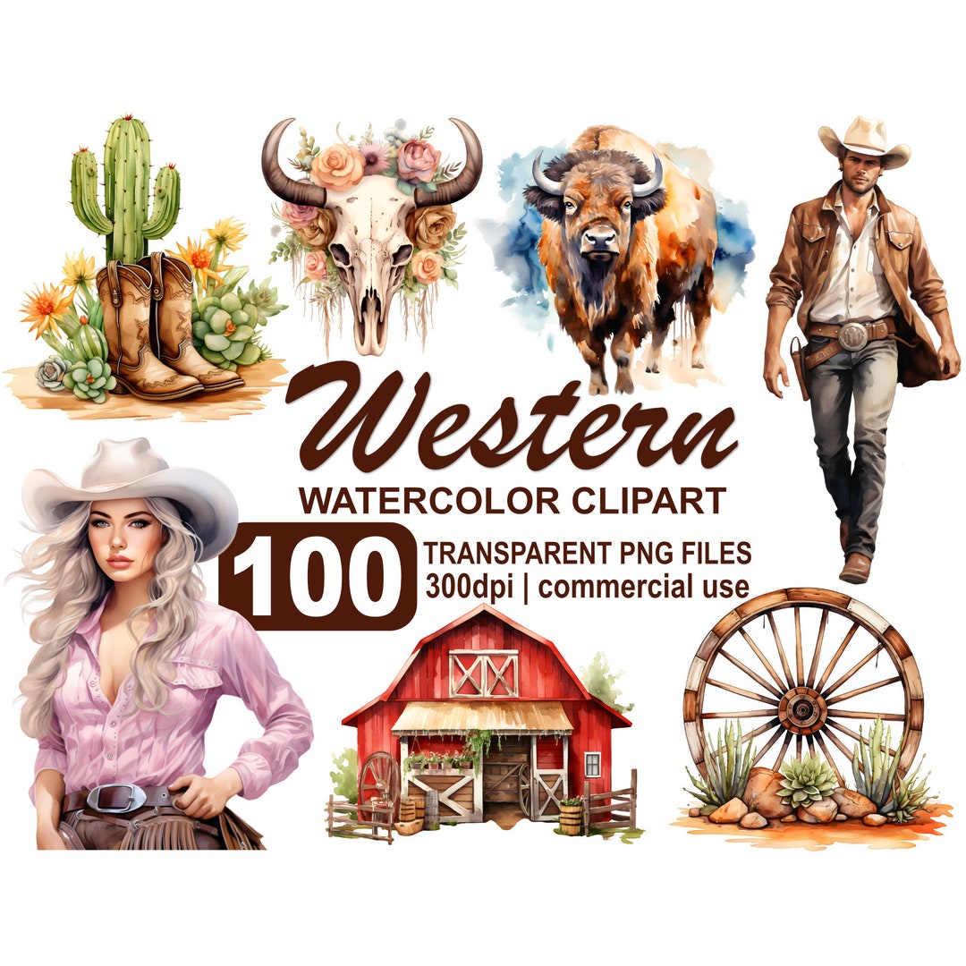 Watercolor Western Clipart Bundle Texas Cowboy Clipart, Western PNG ...