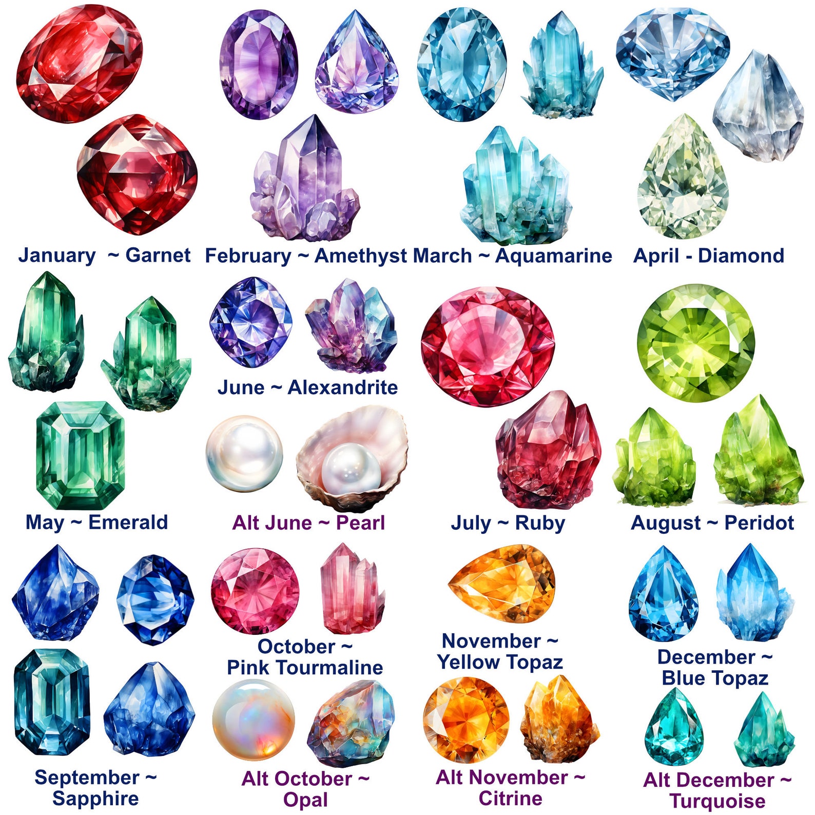 Birthstone Clipart Watercolor Birthday Gemstones, Crystal Clipart ...