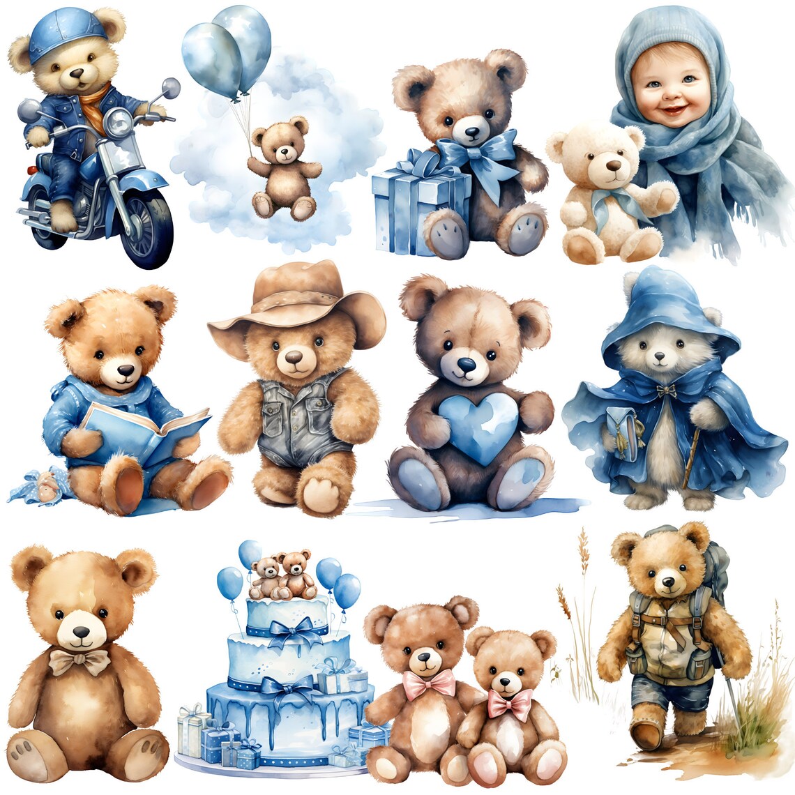 Watercolor Teddy Bear Clipart, Baby Boy Nursery Art (PNG, Digital ...