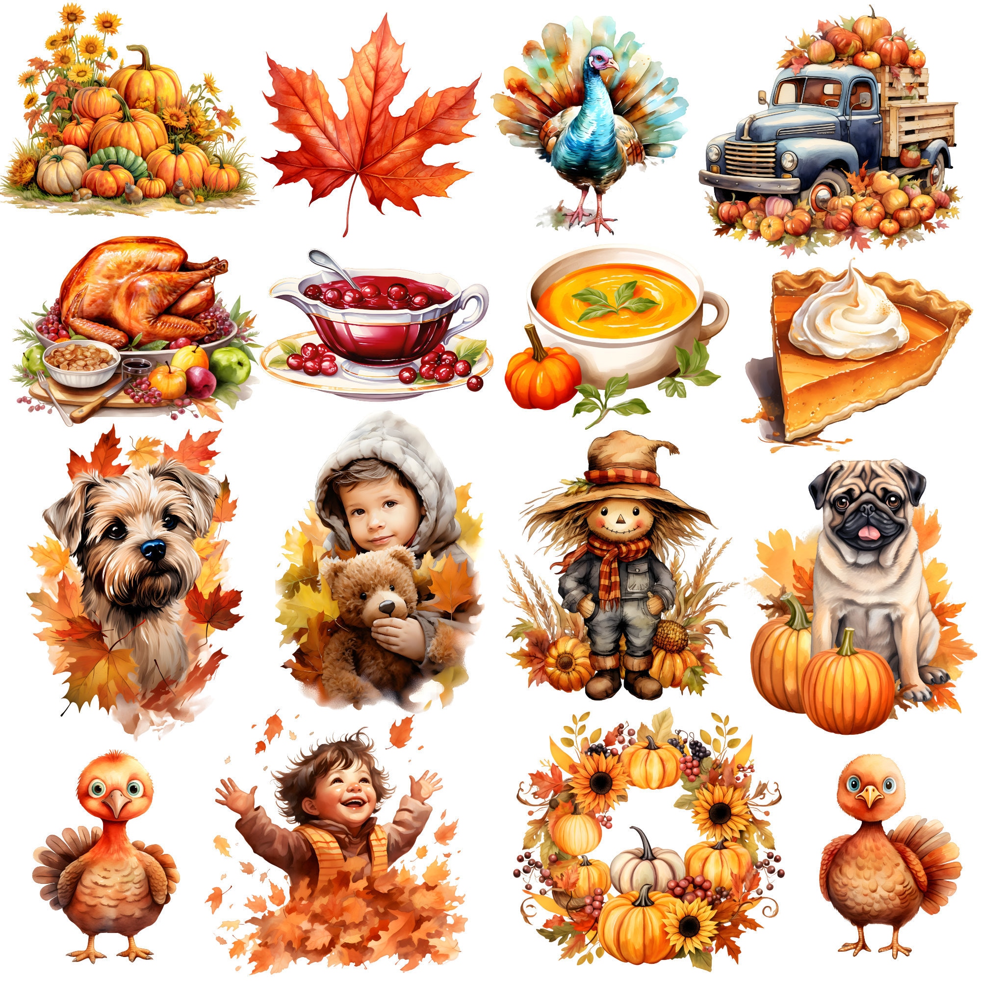 101 Images Thanksgiving Clipart Pack Cute Watercolor Fall - Etsy