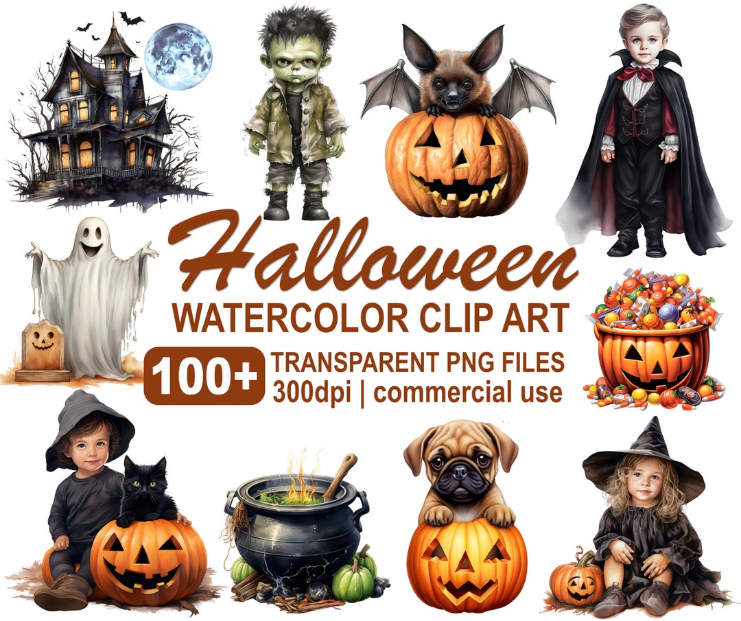 100+ Halloween Clipart Pack, Cute Watercolor Halloween Bundle, Pumpkin ...