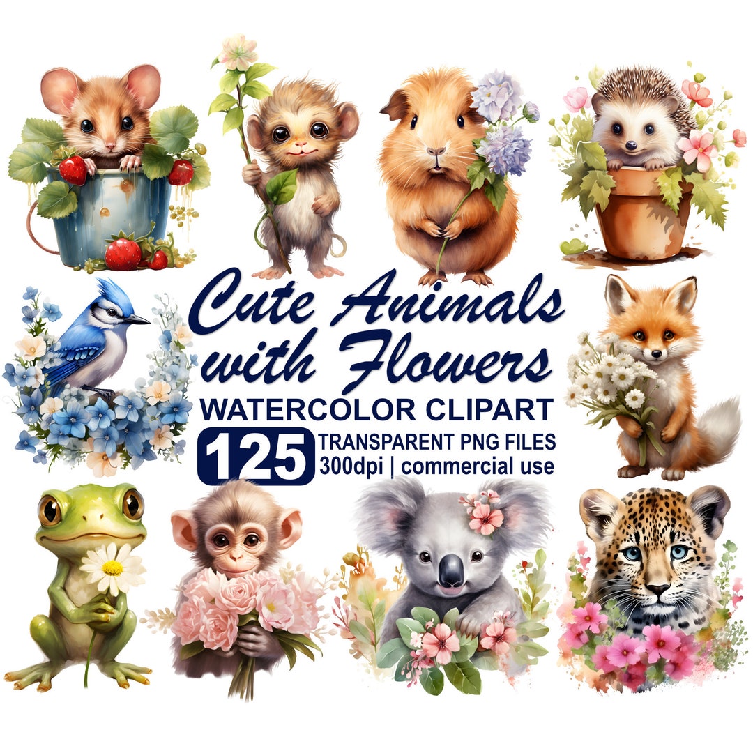 Bumper Discount Clipart Bundle 125 Cute Watercolor Animals With Flowers ...