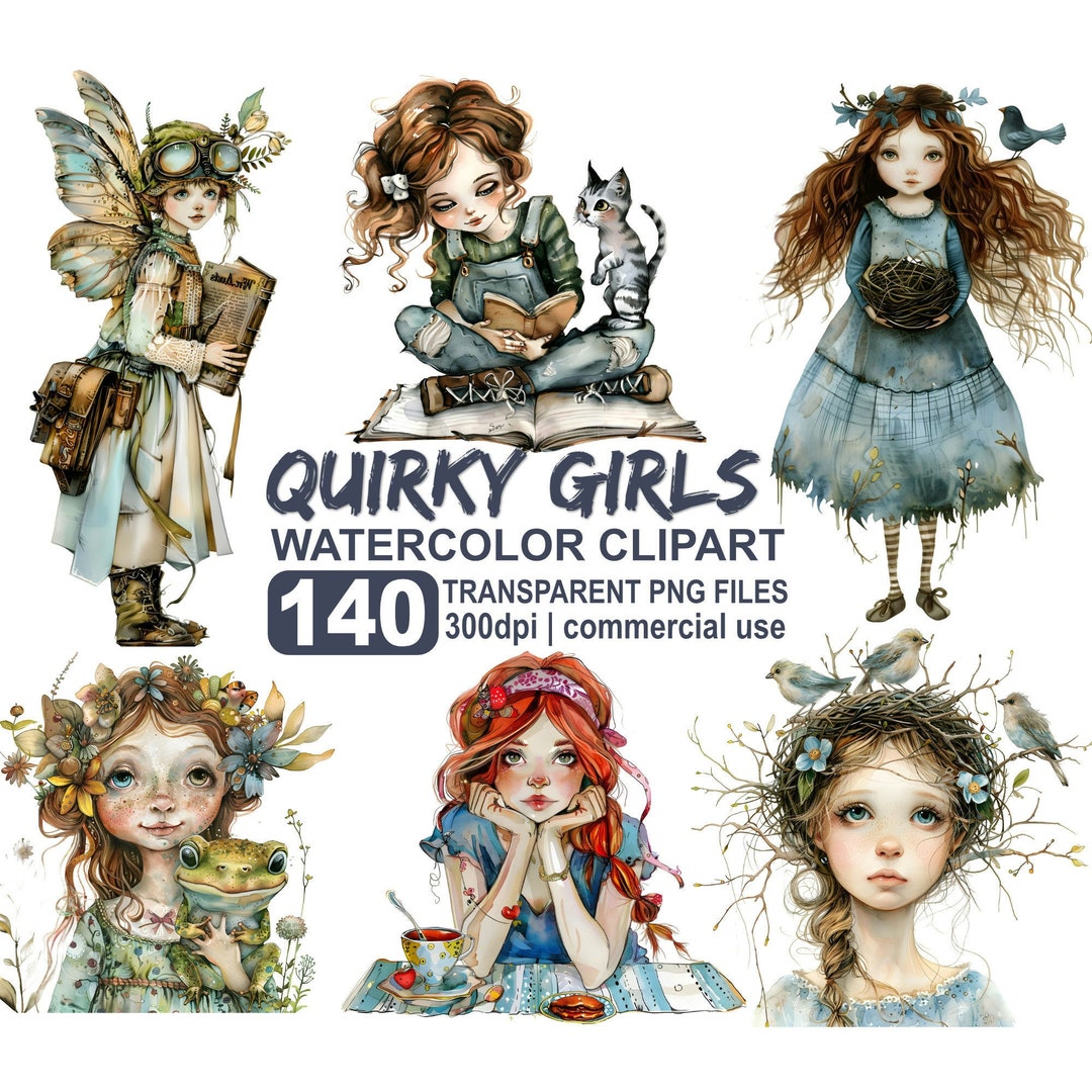 140 Watercolor Quirky Girls Clipart Bundle Whimsical Girls Png Funny ...