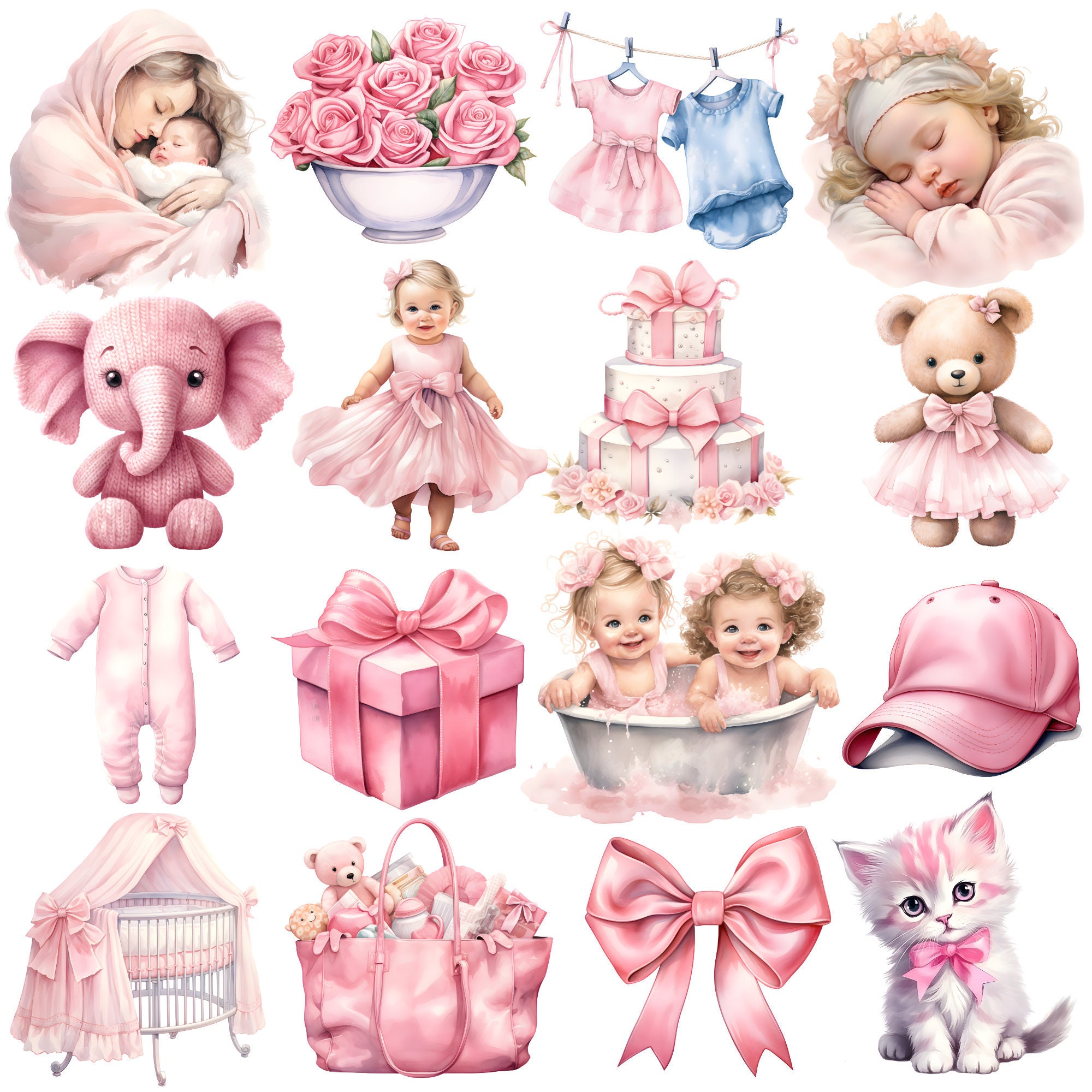 Pink Baby Shower Clipart for Girls, Watercolor Nursery Art Cute Girl ...