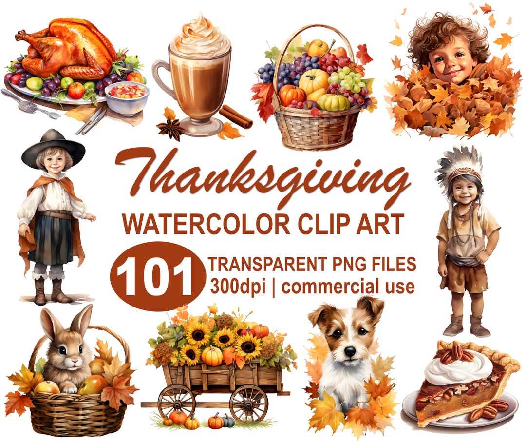 101 Images Thanksgiving Clipart Pack, Cute Watercolor Fall Décor ...