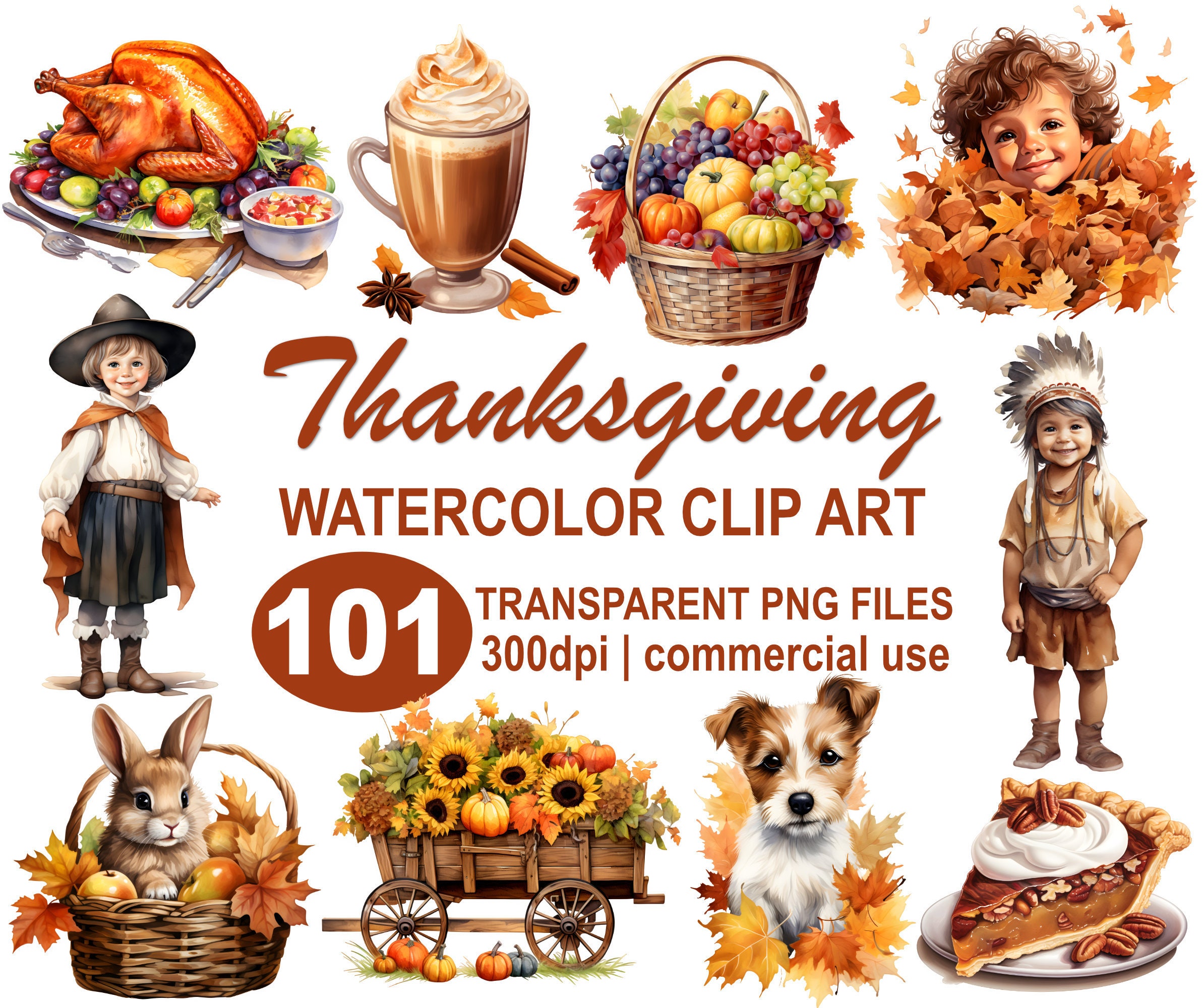 101 Images Thanksgiving Clipart Pack, Cute Watercolor Fall Décor ...