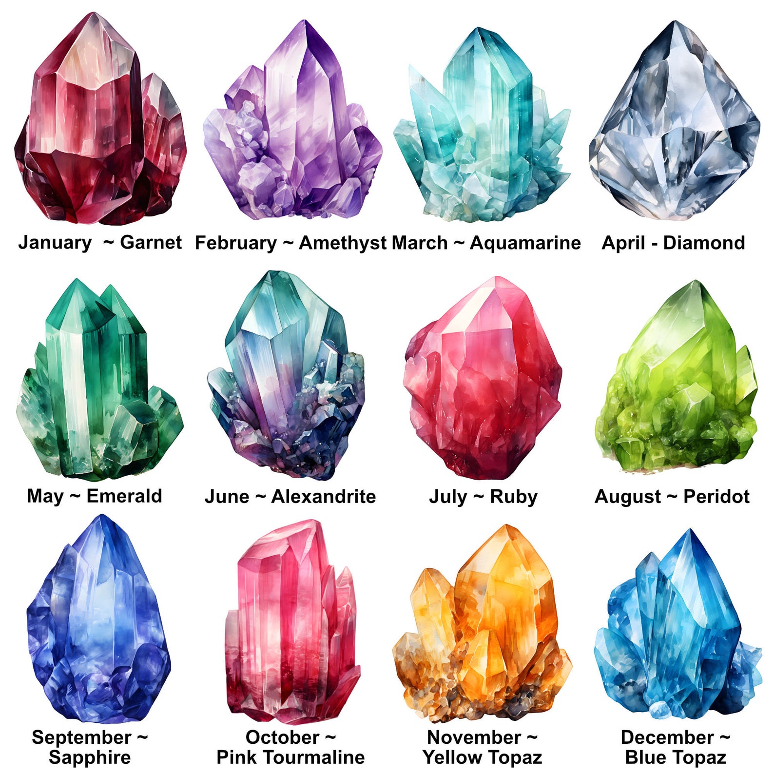 Birthstone Clipart Watercolor Birthday Gemstones, Crystal Clipart ...