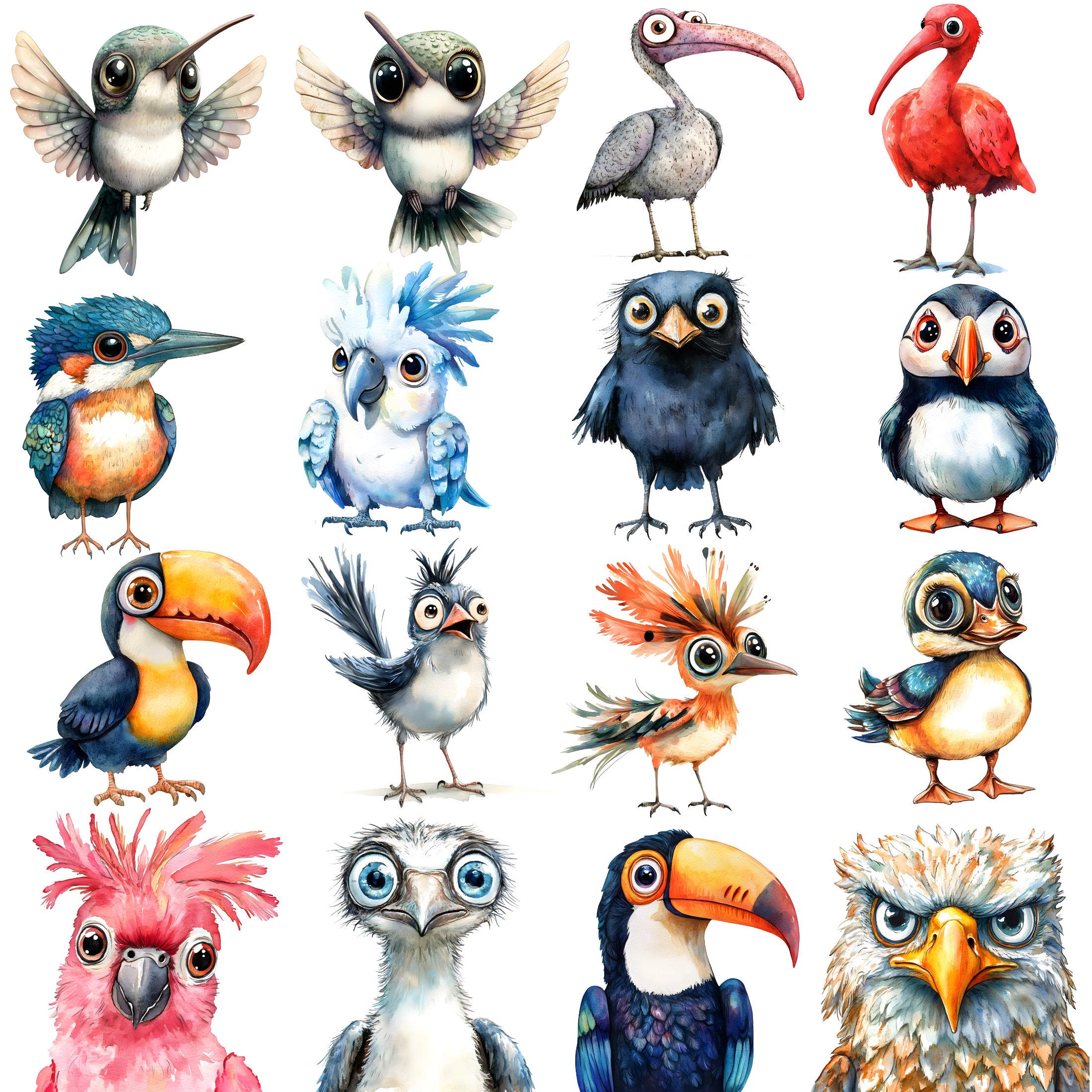 120 Watercolor Quirky Birds Clipart Bundle, Whimsical Birds Png, Funny ...