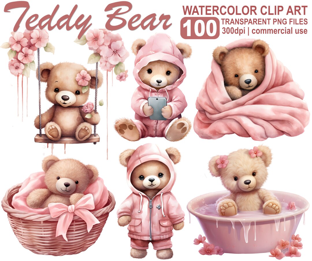 Pink Teddy Bear Clipart for Girl Bear Baby Shower Clipart, Watercolor ...