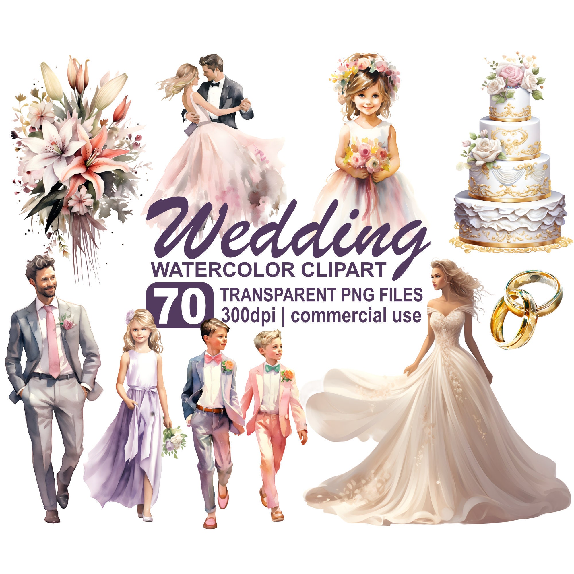 Watercolor Wedding Clipart Bundle, Wedding PNG, Wedding Day, Marriage ...