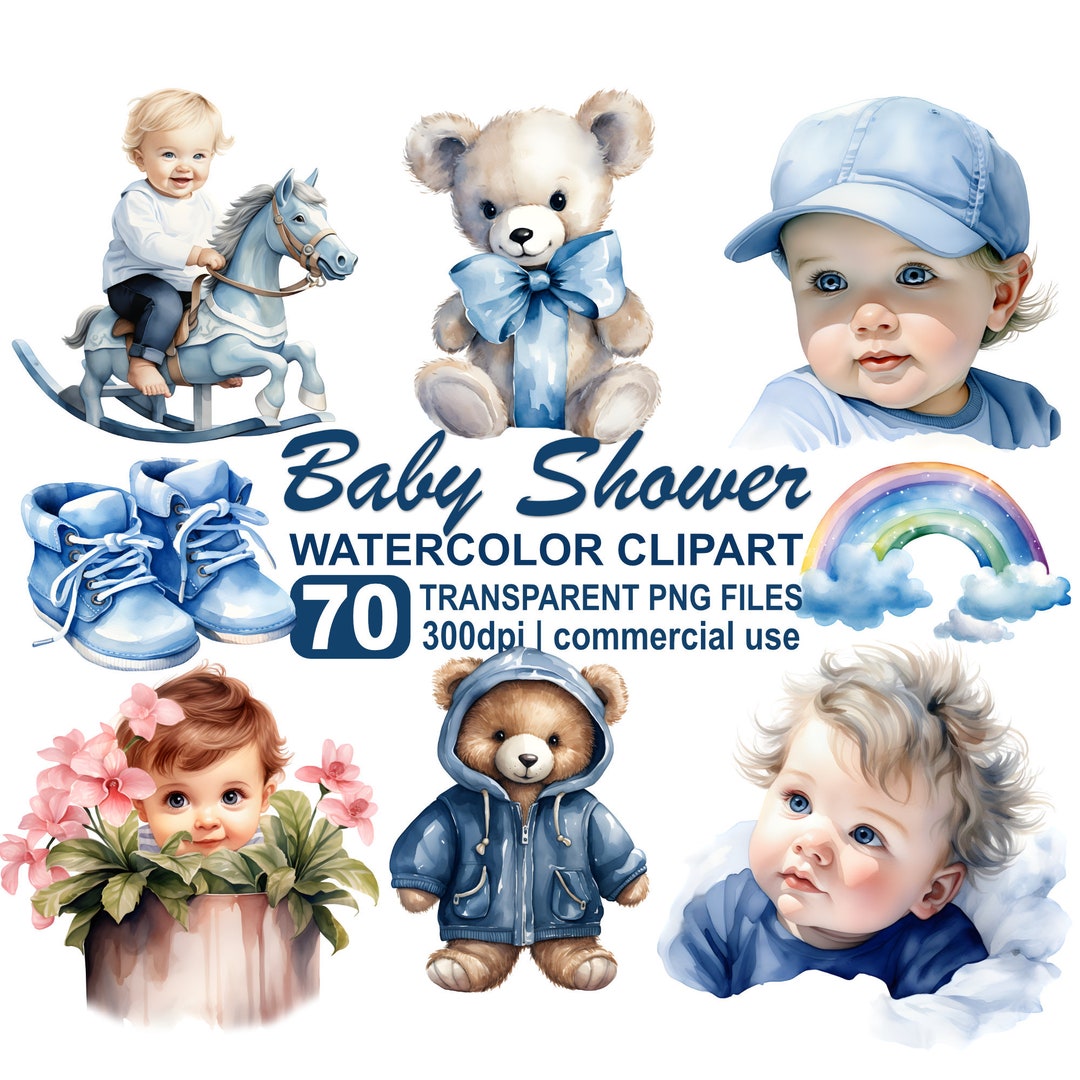 Baby Shower Clipart for Boys, Blue Watercolor Nursery Art, Cute Boy ...