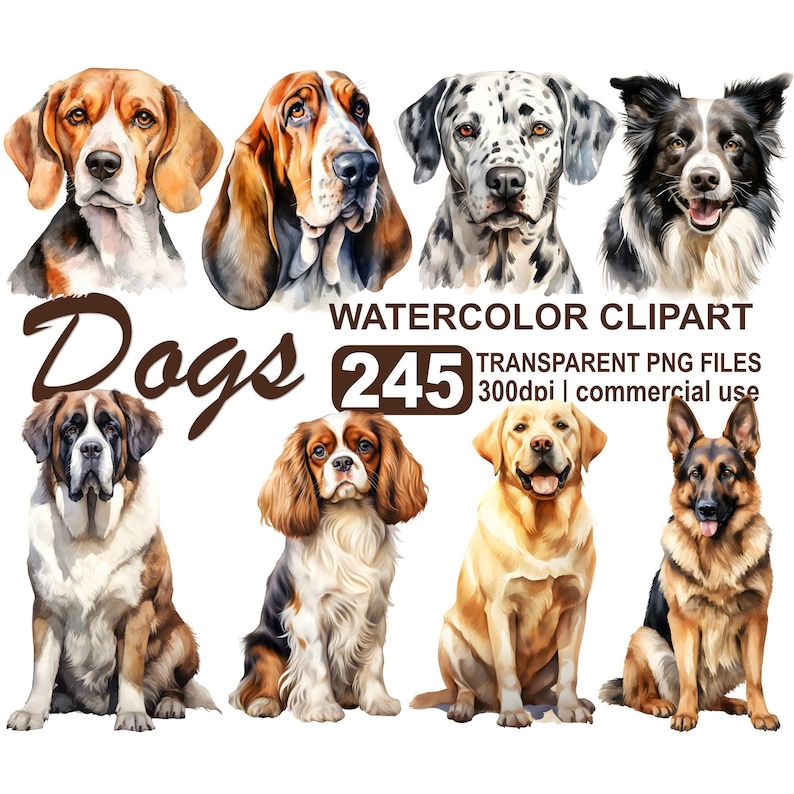 Bumper Discount Bundle, 245 Watercolor Dogs Clipart, Puppies Png, Dog ...