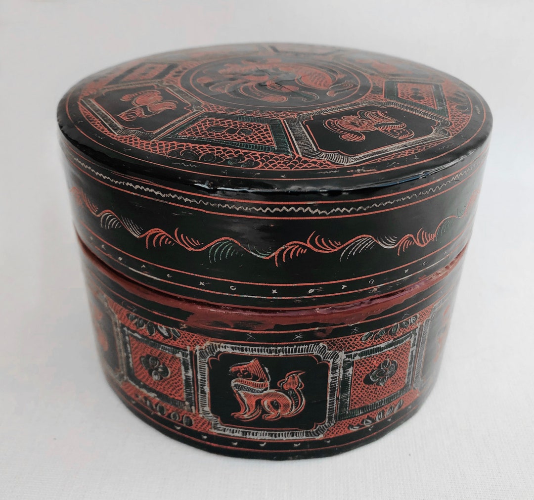 Antique Indian Lacquer Box Kashmir Lidded Box Handcrafted Paper Mache ...