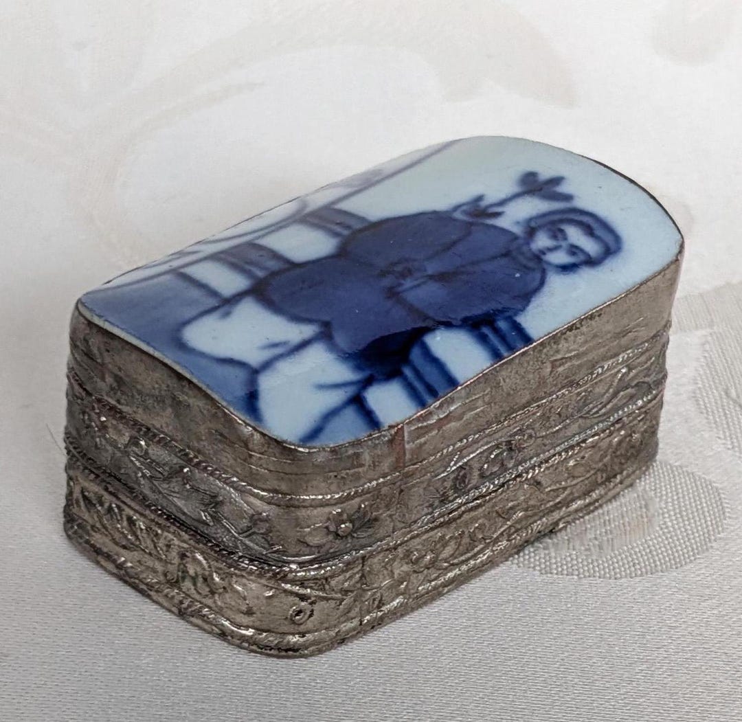 Antique Pill Box Trapezoidal Porcelain Insert Silver-plated Pill Box ...