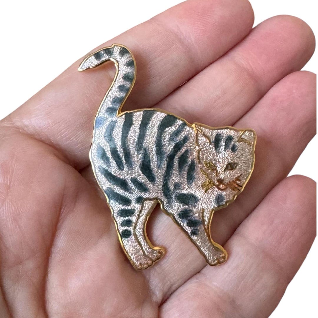 Vintage Signed Fish Tabby Cat Cloissone Enamel Gold Tone Brooch - Tabby ...