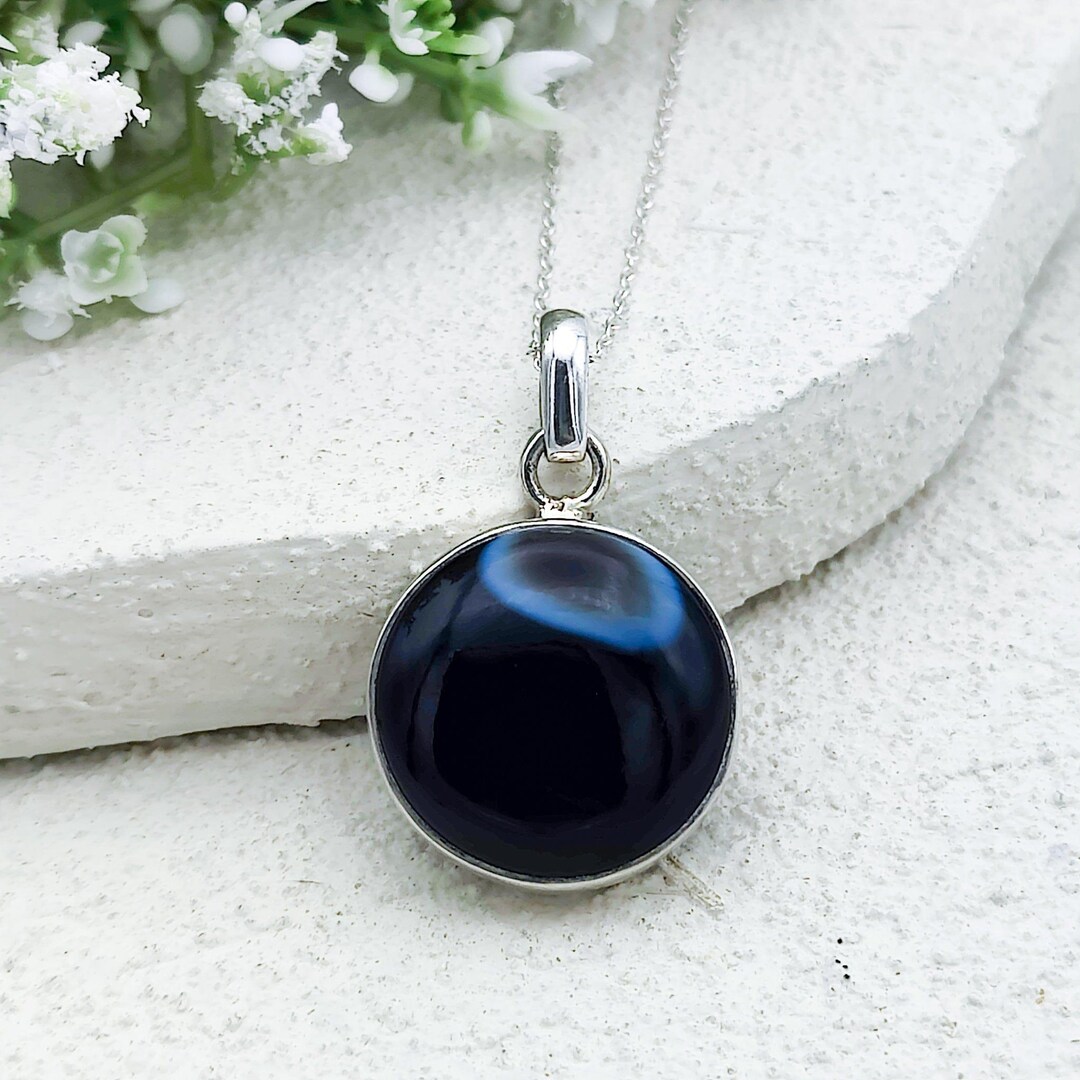 Banded Black Onyx Pendant | 22mm Diameter| July Gift | Sterling Silver ...