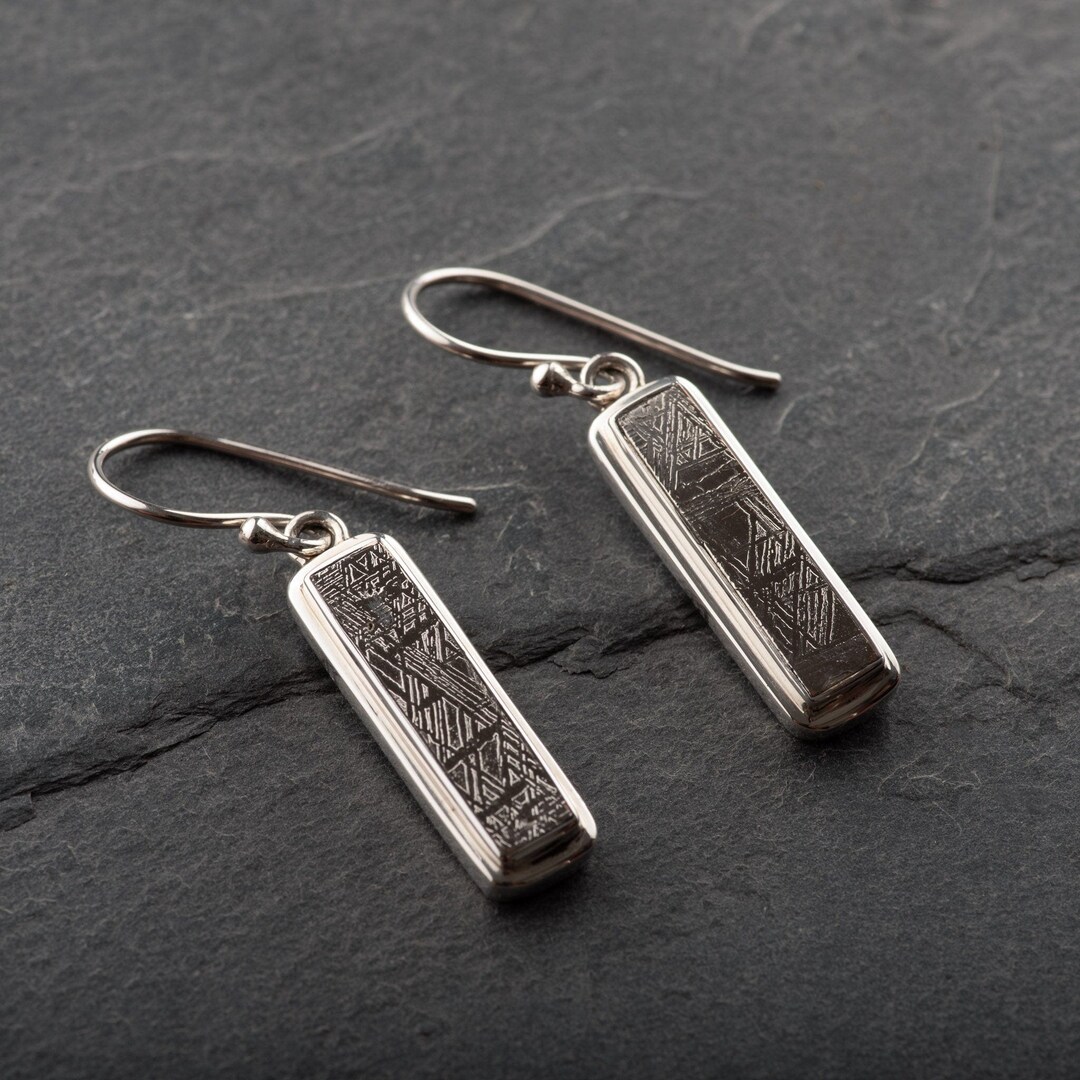 Meteorite Earrings, Long Rectangular Drop in Sterling Silver - Etsy