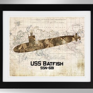 USS Batfish Long Hull Attack Submarine Map and Flag Silhouette Print ...