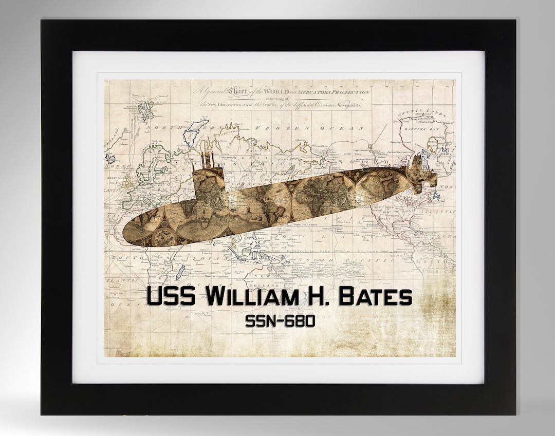 USS William H. Bates Nuclear Attack Submarine Map and Flag Silhouette ...