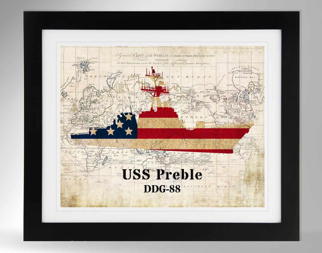 USS Preble Guided Missile Destroyer Map-flag Silhouette Print Wall Art ...