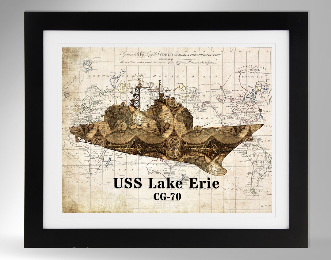 USS Lake Erie Guided Missile Cruiser Map and Flag Silhouette Print Wall ...