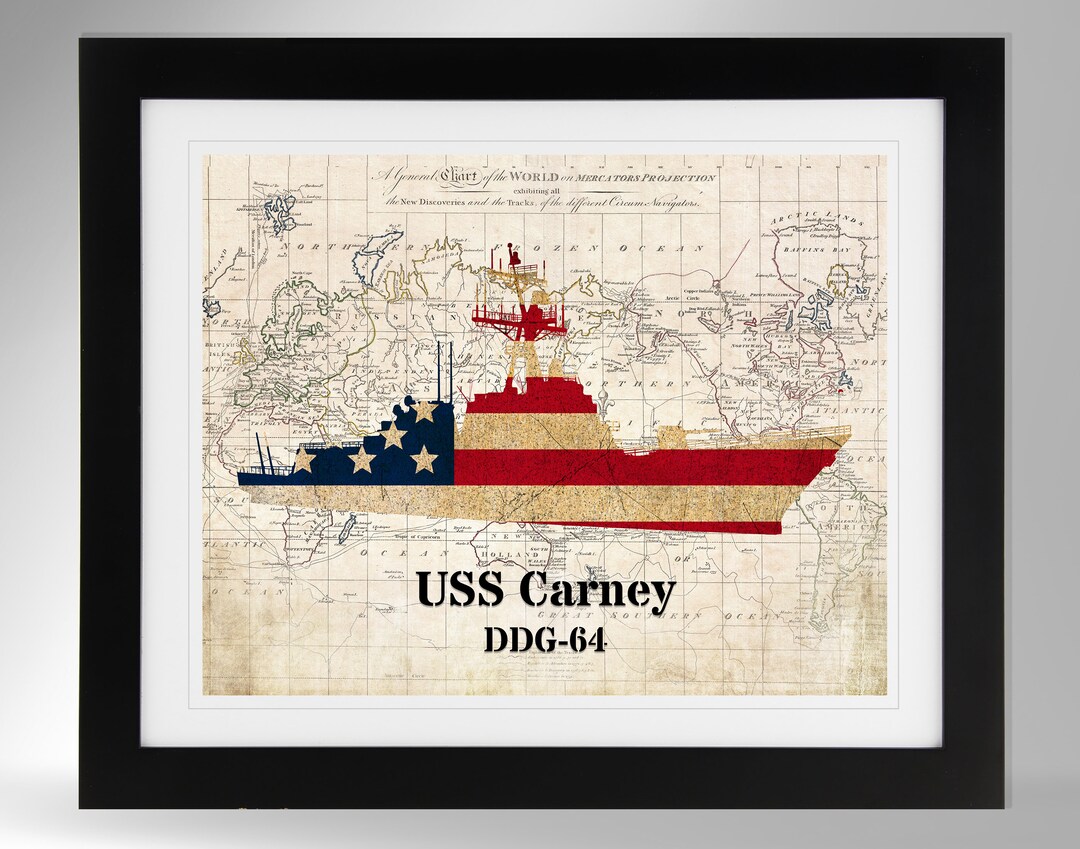 USS Carney Guided Missile Destroyer Map-flag Silhouette Print Wall Art ...