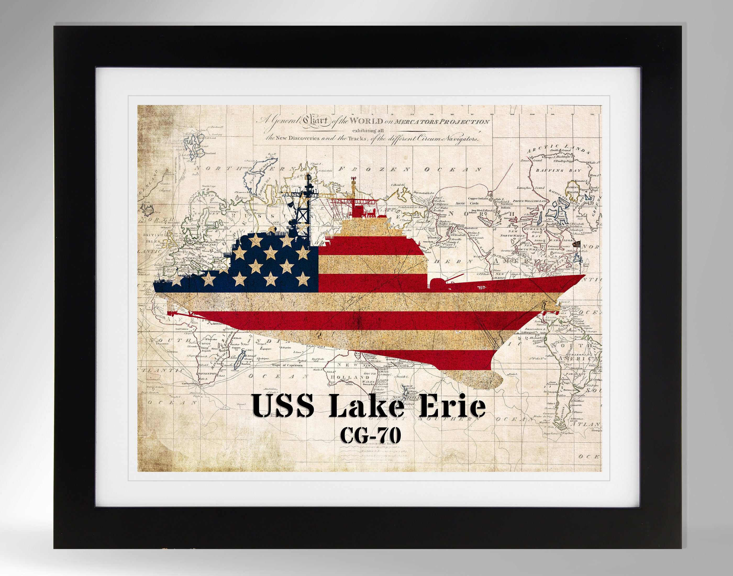 USS Lake Erie Guided Missile Cruiser Map and Flag Silhouette Print Wall ...