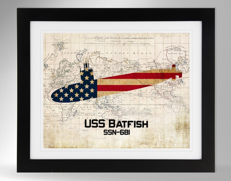 USS Batfish Long Hull Attack Submarine Map and Flag Silhouette Print ...