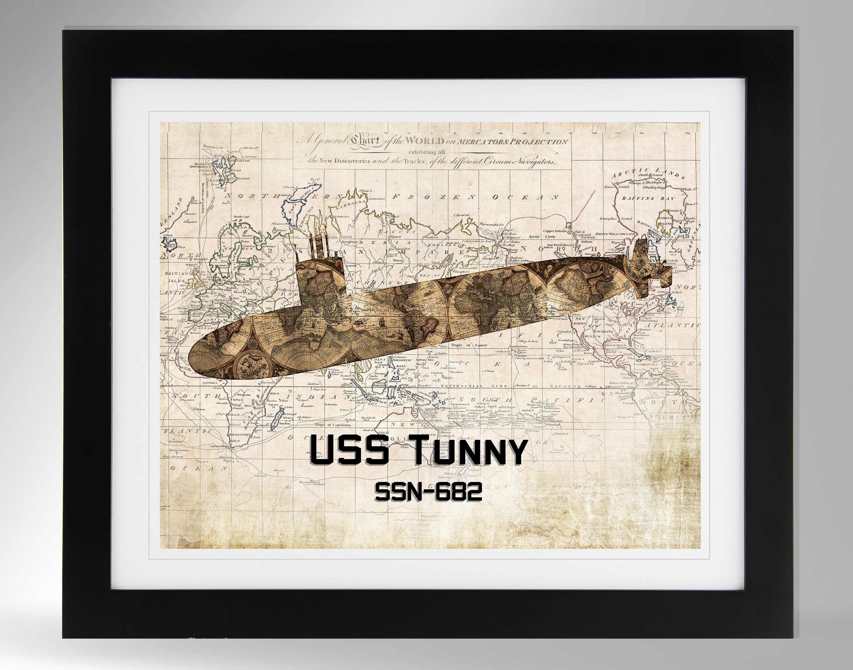 USS Tunny Nuclear Attack Submarine Map and Flag Silhouette Print Wall ...