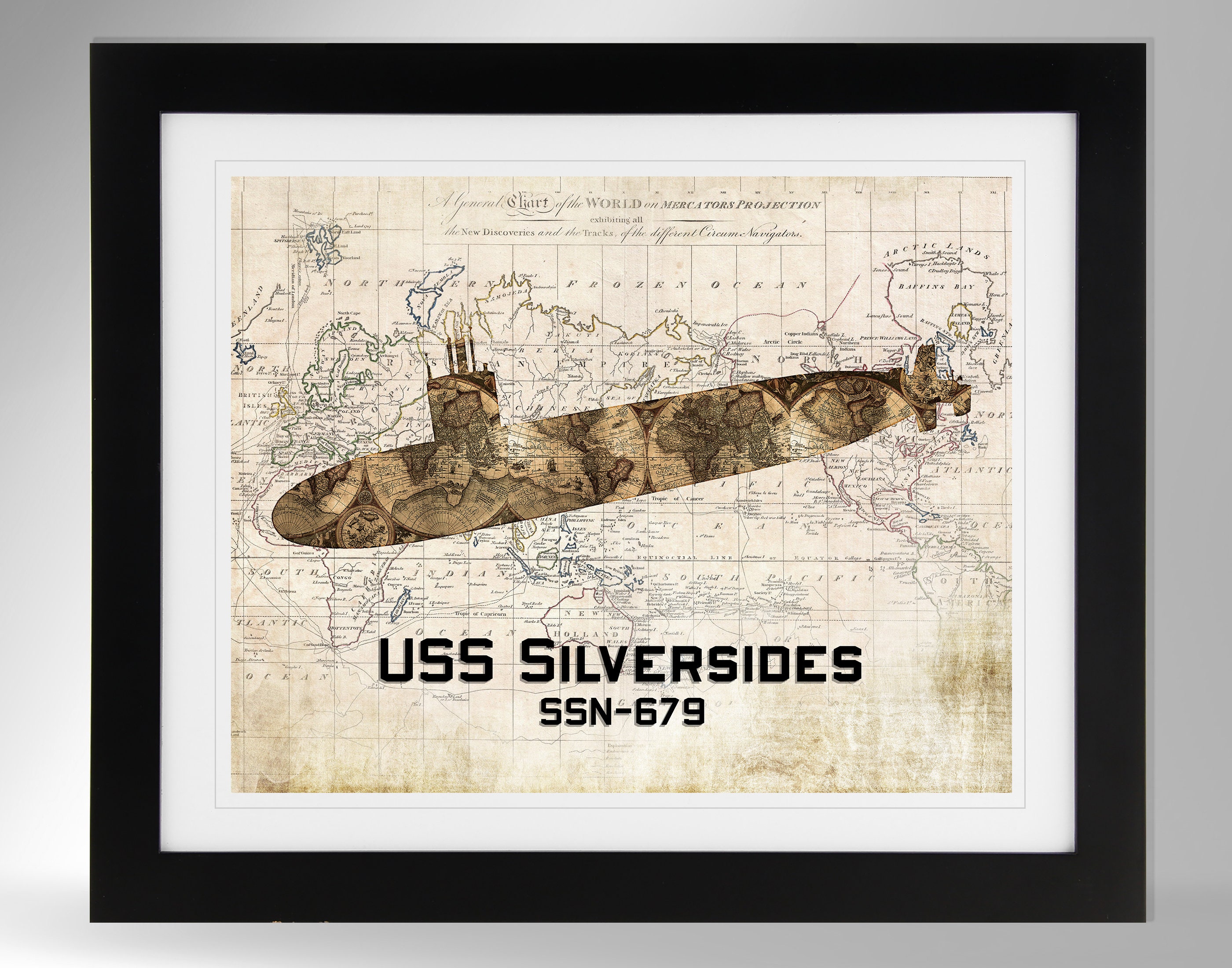 USS Silversides Nuclear Attack Submarine Map and Flag Silhouette Print ...