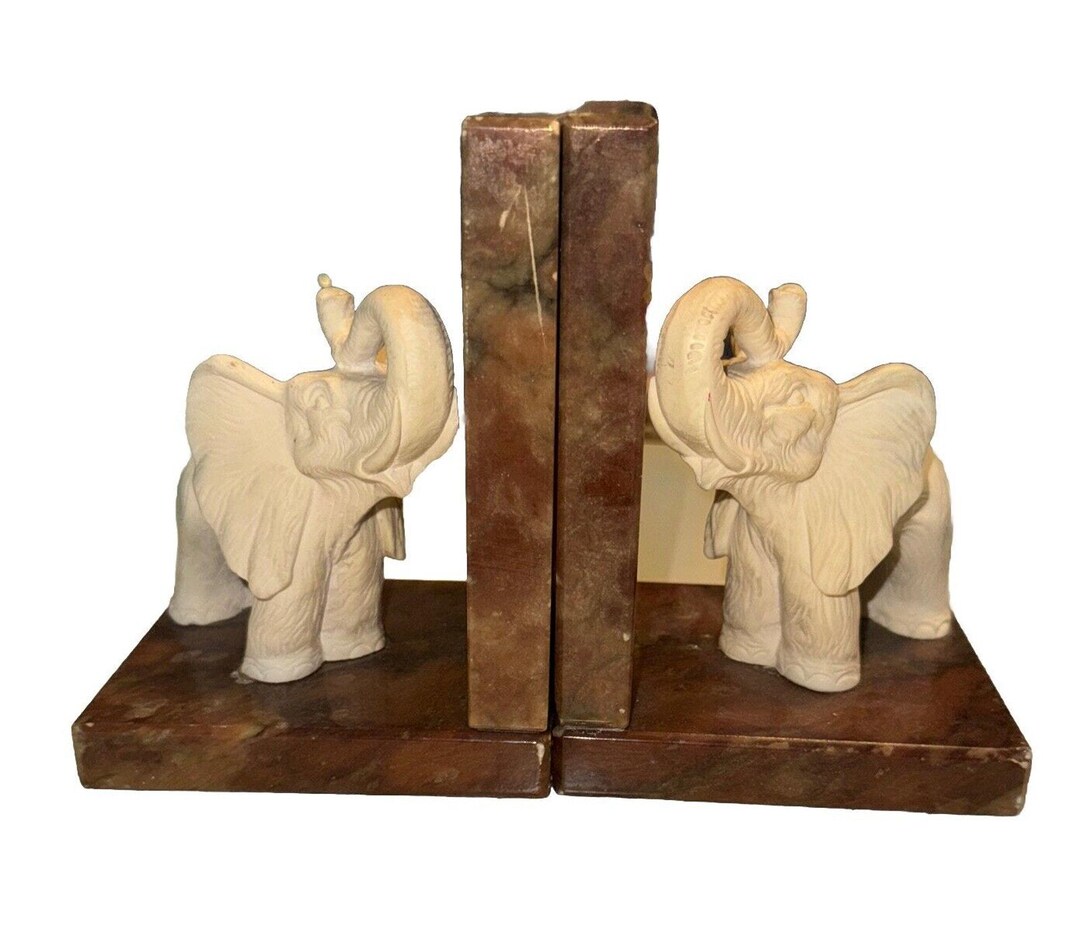 Vintage Alabaster Elephant Bookends Italy Handcrafted Stone Figurine on ...