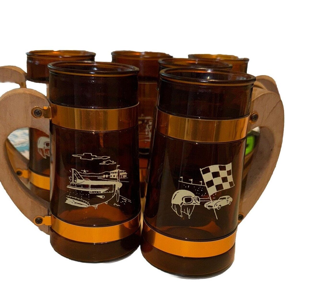 Vintage Amber Siesta Ware Mugs, Sports Theme Decor Wooden Handles Set ...