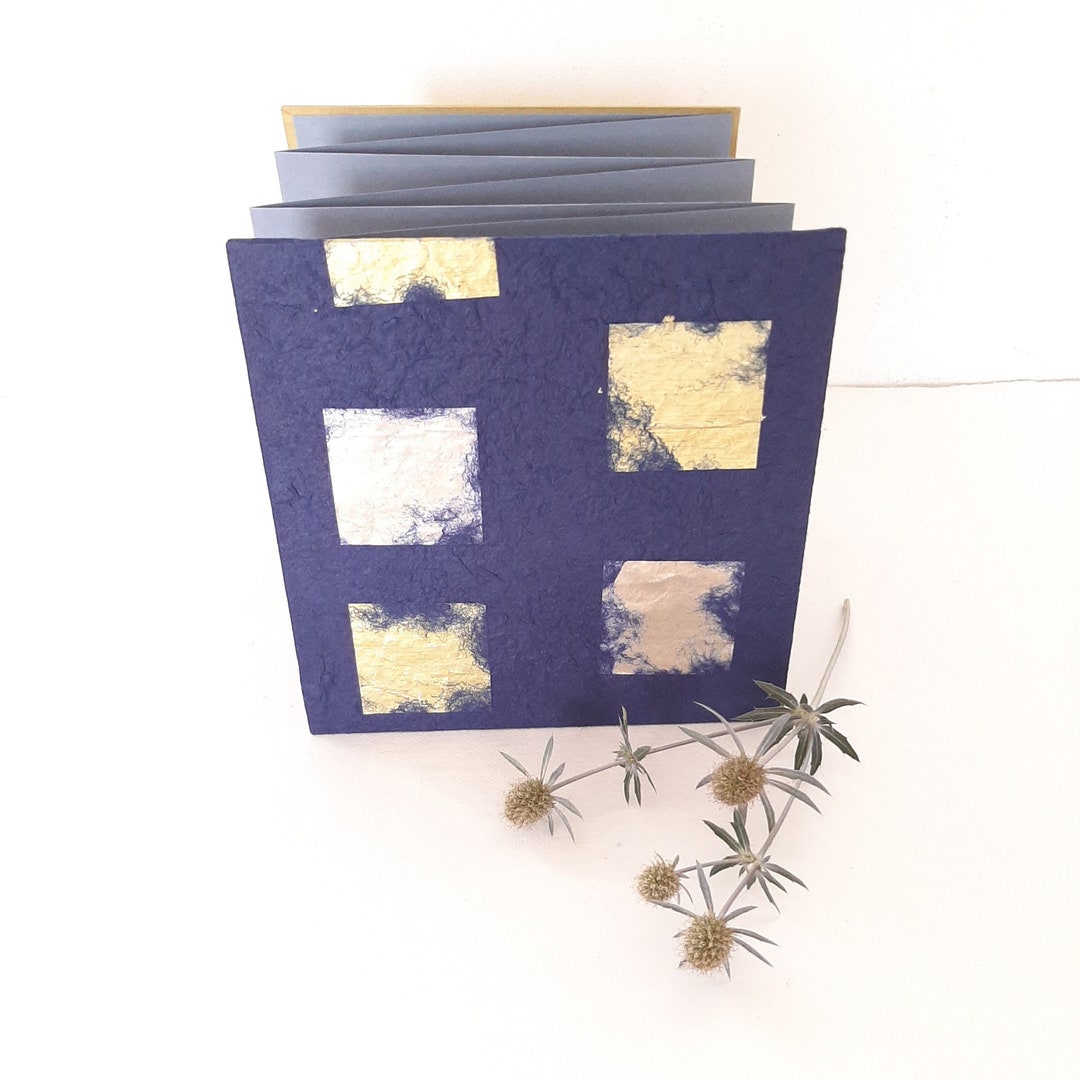 Square Leporello Book in Blue and Gold, Boho Style Accordion Album ...