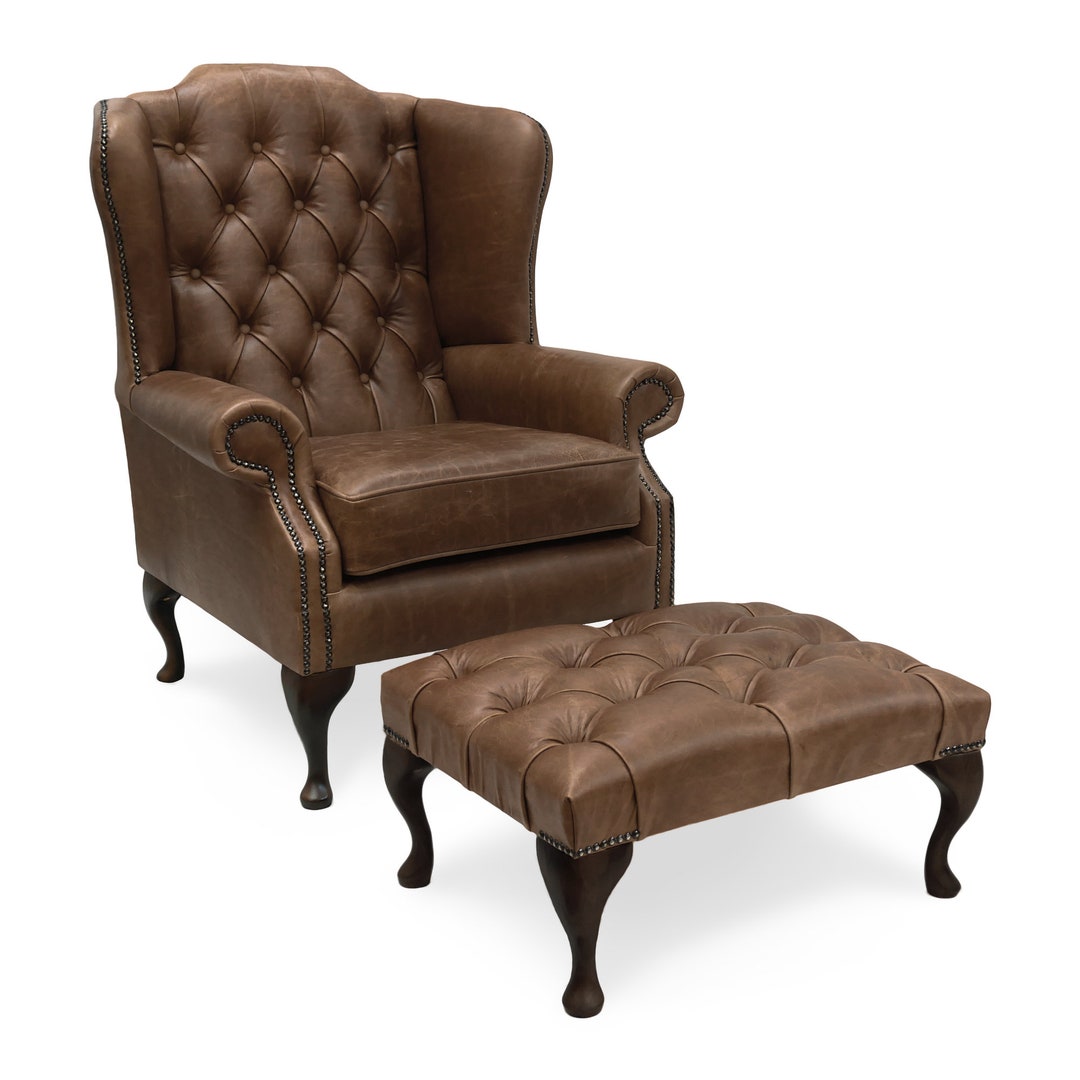 Berkley Chesterfield High Back Wing Chair and Matching Footstool ...