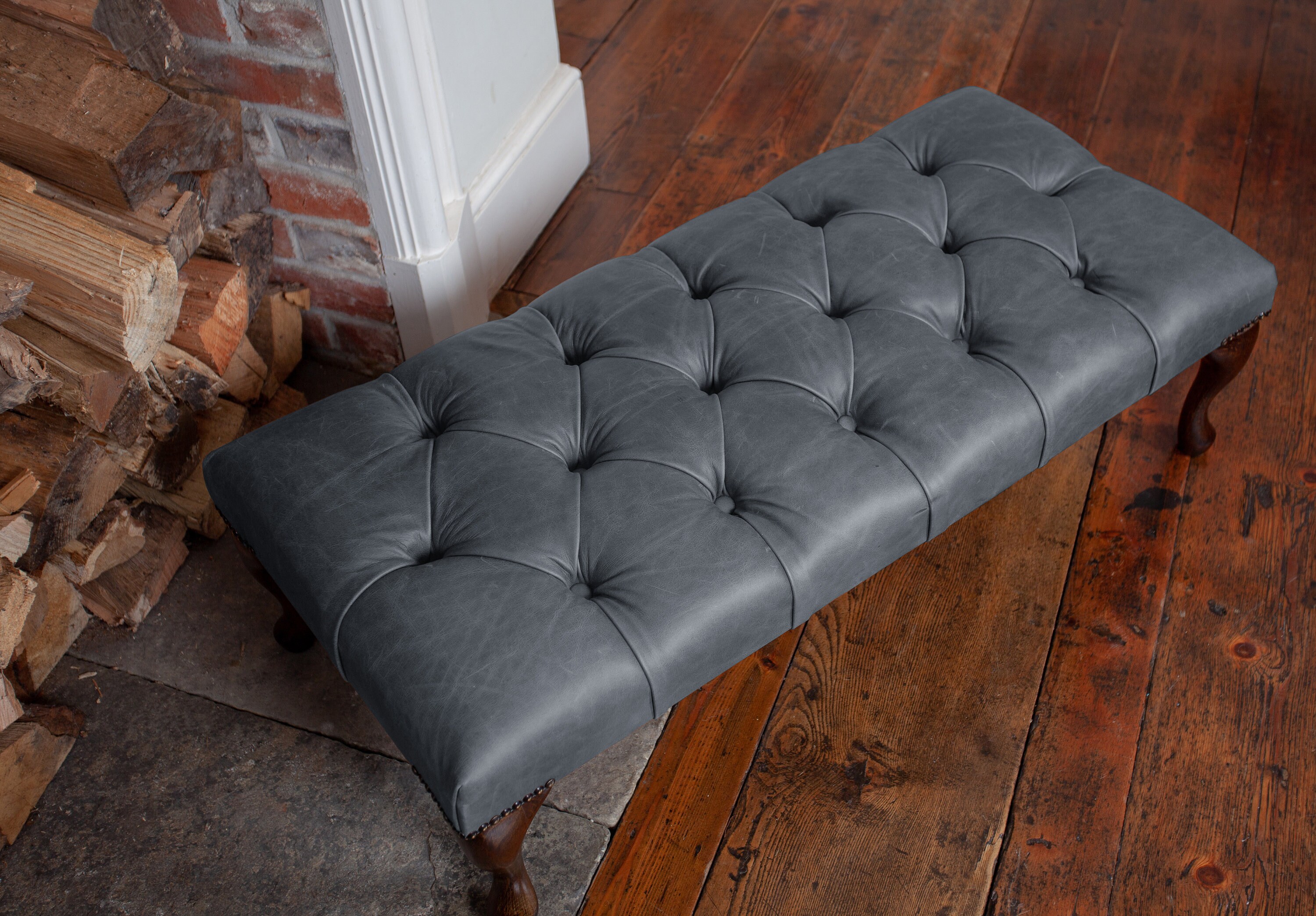 Large Chesterfield Queen Anne Footstool in Vintage Grey - Etsy UK