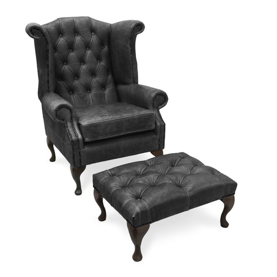 Chesterfield Queen Anne High Back Wing Chair Footstool in Vintage Black Leather Etsy