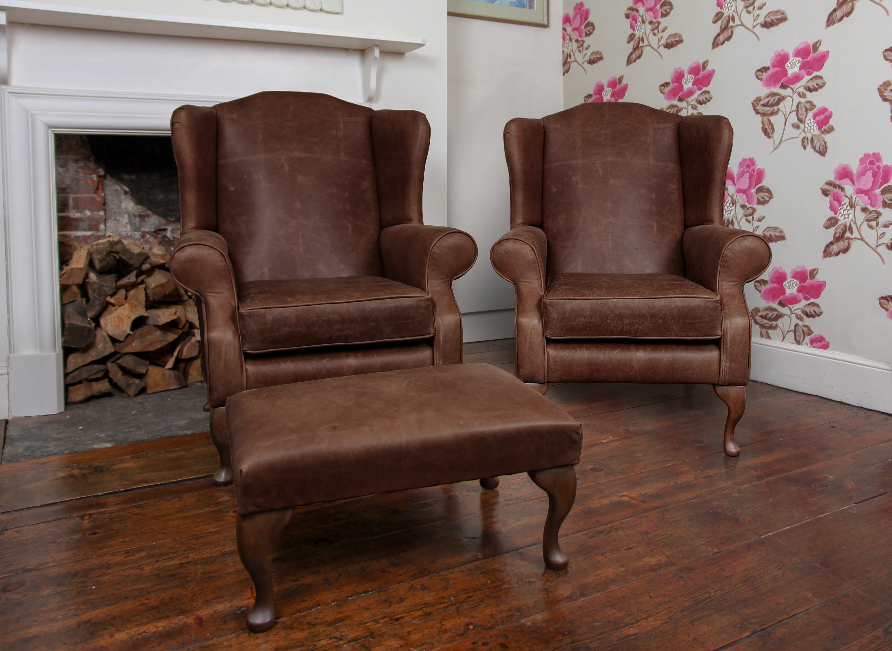 A Pair of Chesterfield Wing Back Armchairs and Foot Stool in | Etsy UK