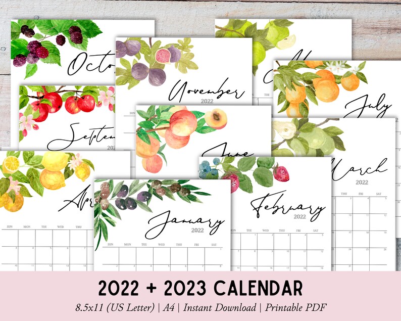 2022 Calendar Printable, Watercolor Fruit Calendar 2022 2023, Floral ...