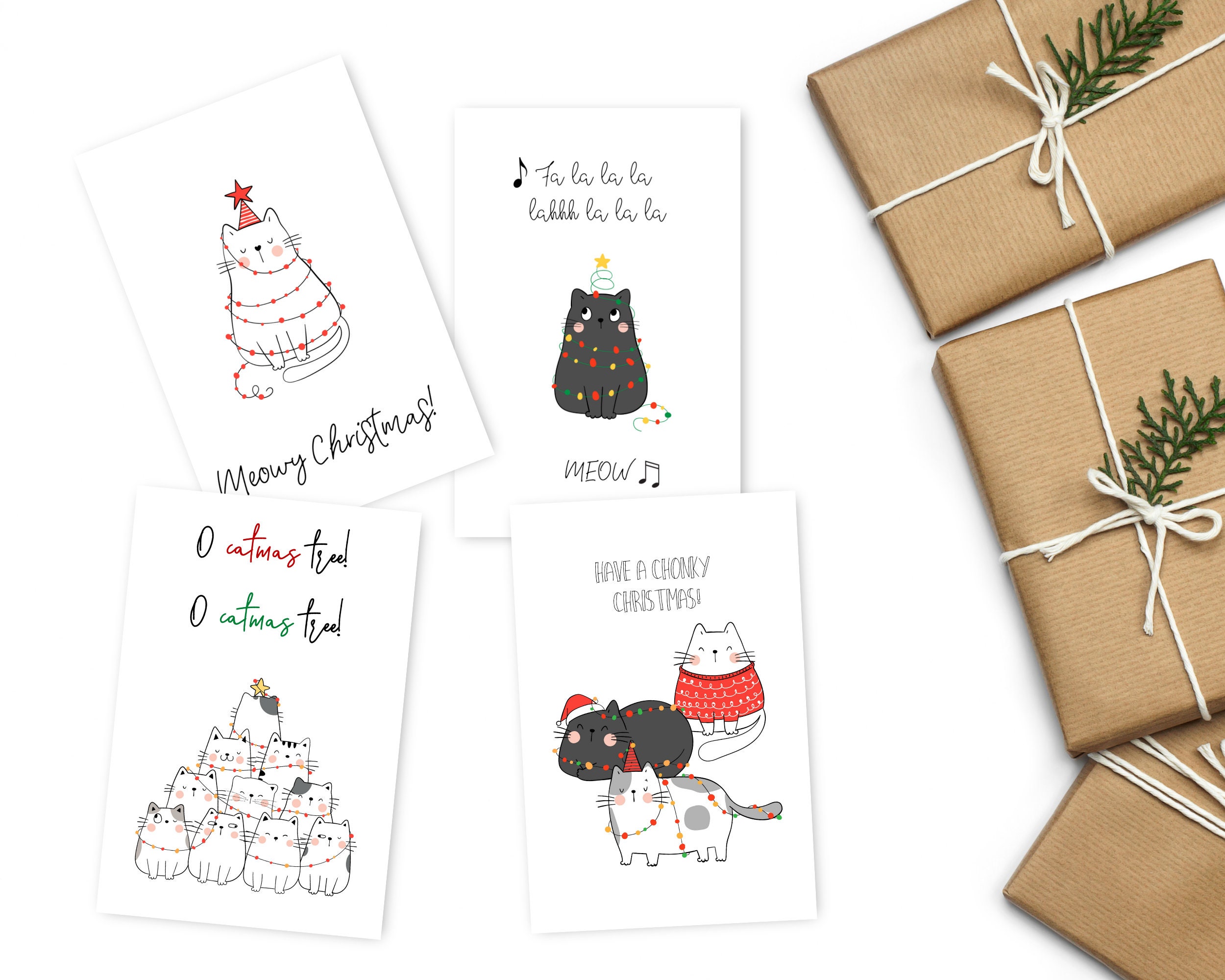 4 Pack Printable Cat Holiday Cards | Cat Christmas Cards | Meowy ...