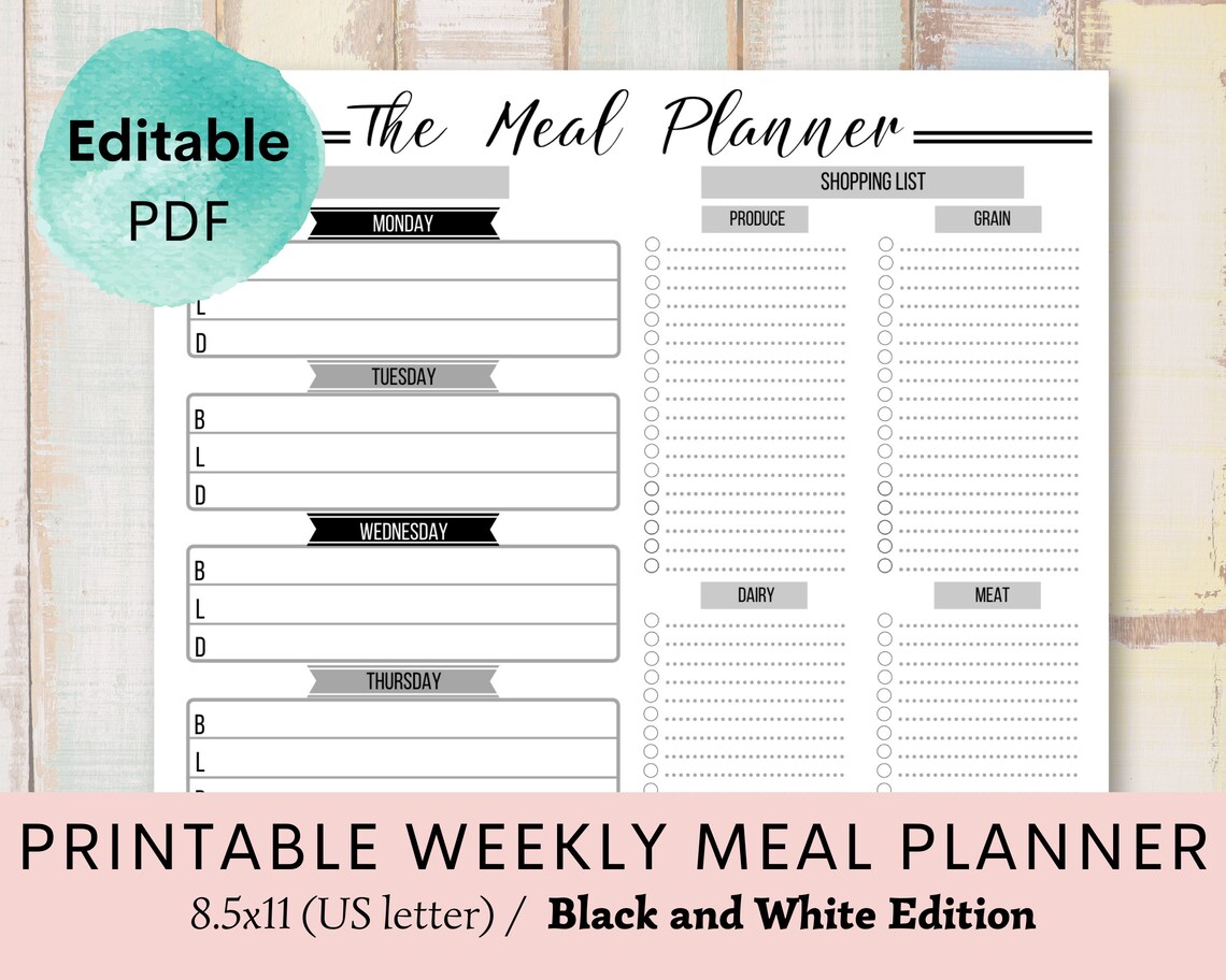 Meal Planner Template Editable PDF Meal Planner Printable - Etsy