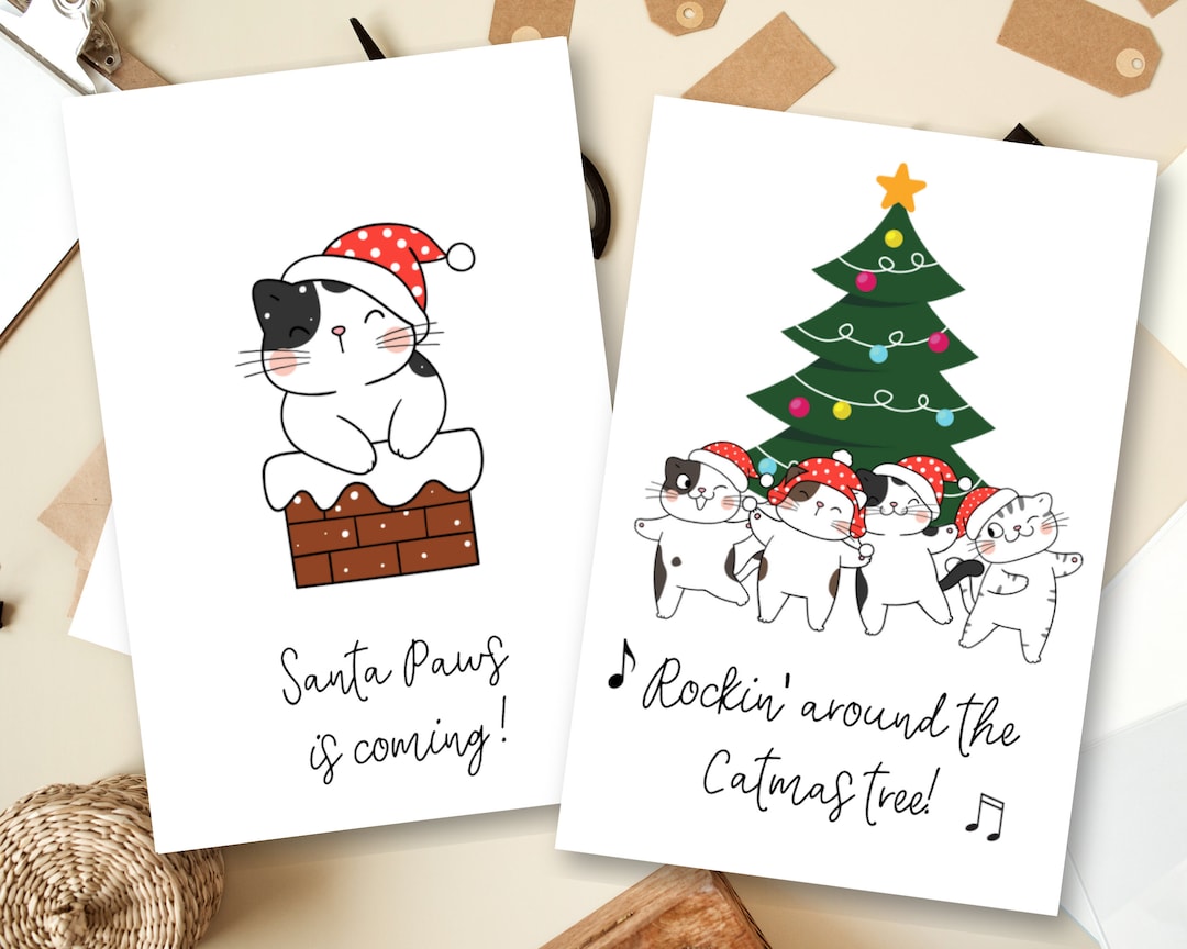 4 Pack Printable Cat Holiday Cards V. II | Cat Christmas Cards | Meowy ...