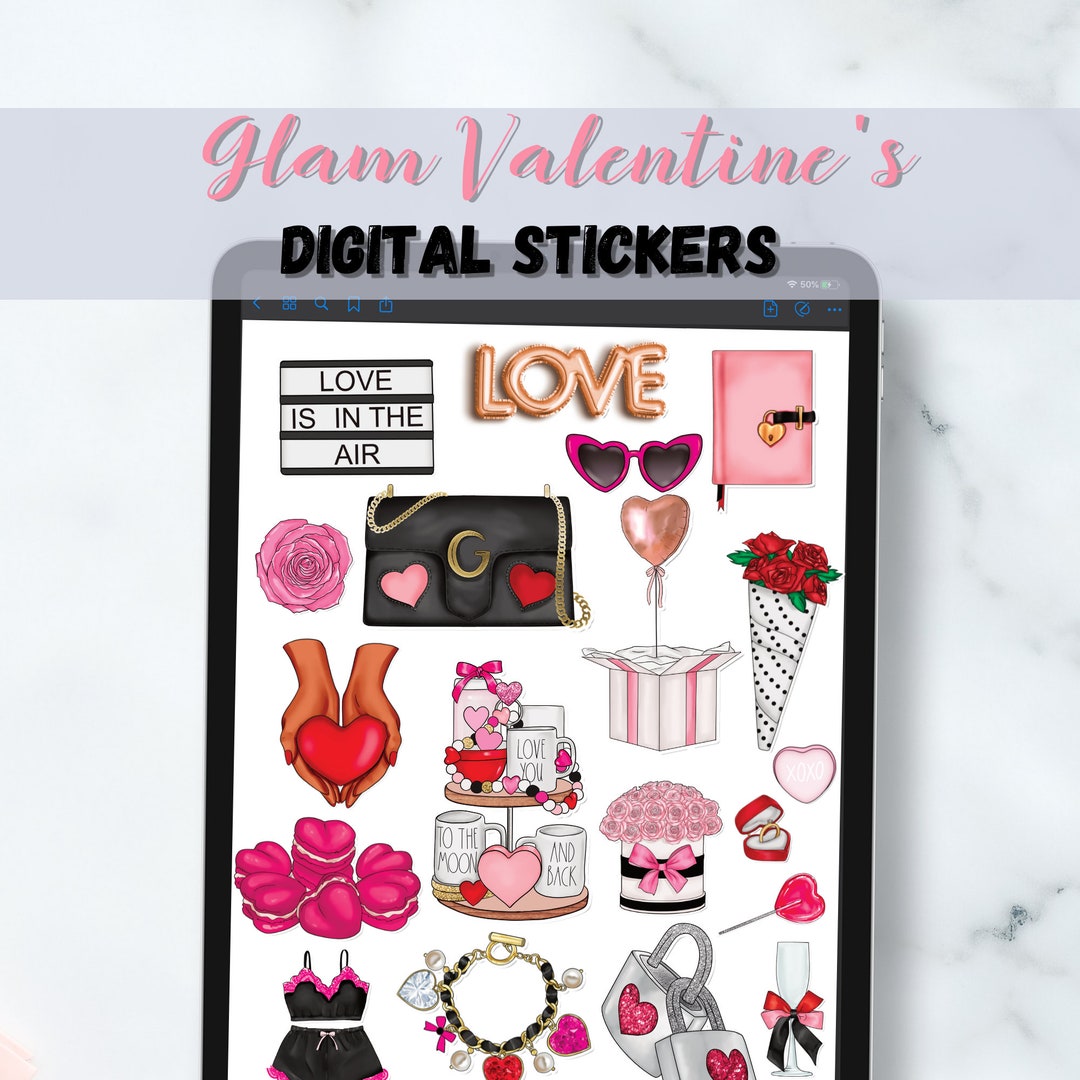 Glam Valentine's Day Digital Planner Stickers, Glitter Pink Digital ...