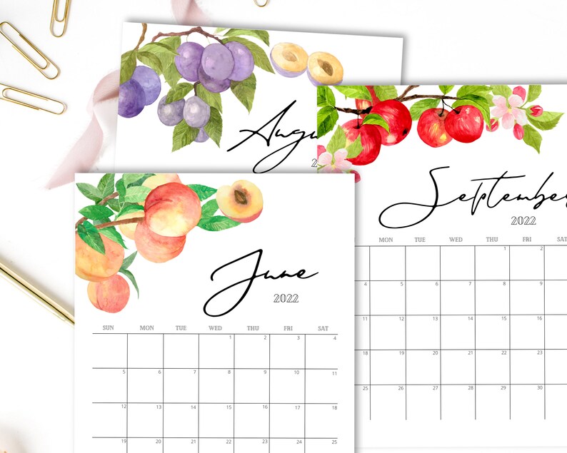 2022 Calendar Printable, Watercolor Fruit Calendar 2022 2023, Floral ...