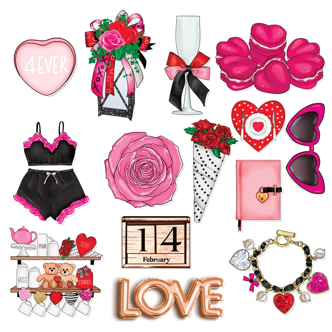 Glam Valentine's Day Digital Planner Stickers, Glitter Pink Digital ...