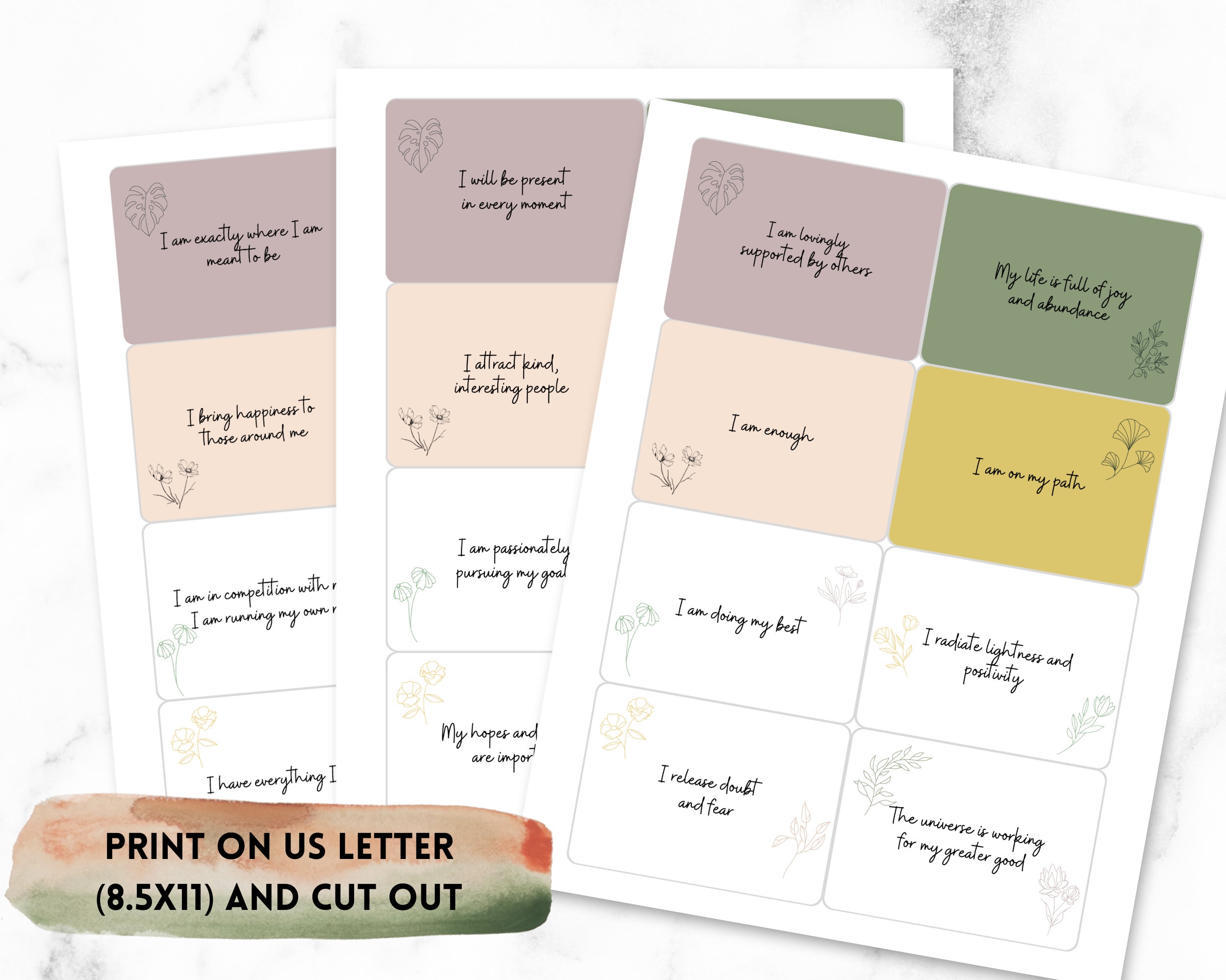 Printable Affirmation Cards Black and White or Color Muted Pastel ...