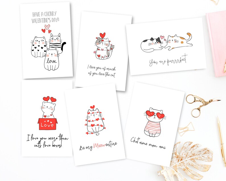 6 Pack Printable Cat Valentines Cards | Cat Pun Cards | Be My ...