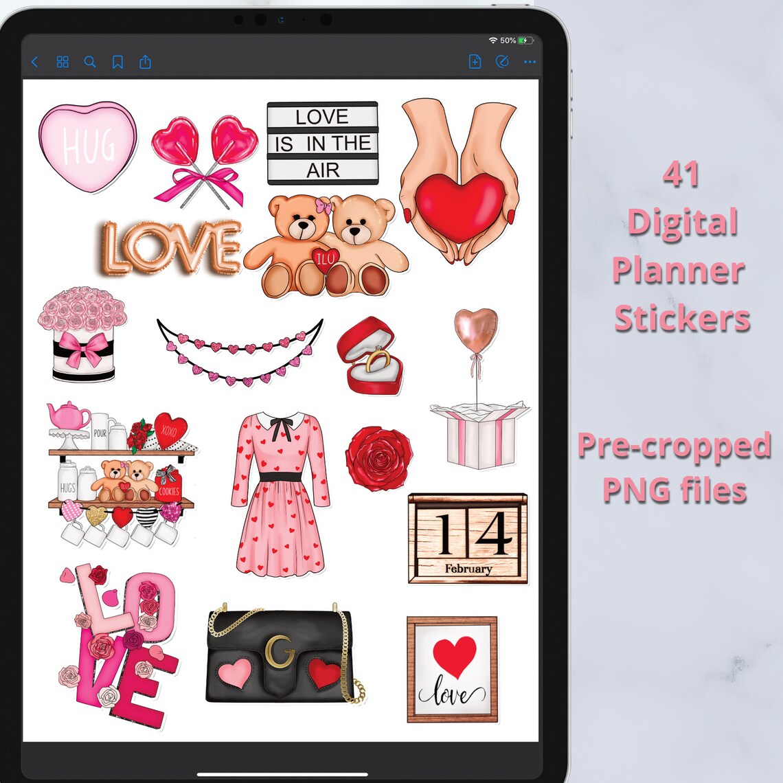 Glam Valentine's Day Digital Planner Stickers, Glitter Pink Digital ...